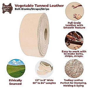 ELW Leather Blank Belt | 3-4 Oz. (1.2-1.6mm) Thickness | Size: 1-1/4"x40" (3.175x101cm) Cowhide Vegetable Tanned | Full Grain Strip, Strap | Ideal for DIY Belts for Tooling, Crafting & Stamping