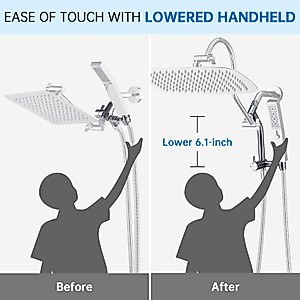 G-Promise All Metal Shower Diverter with Low Handheld Holder and 13 Inch Curved Adjustable Shower Head Extension Arm, 3-Way Diverter Valve with Pause Mode (Chrome)