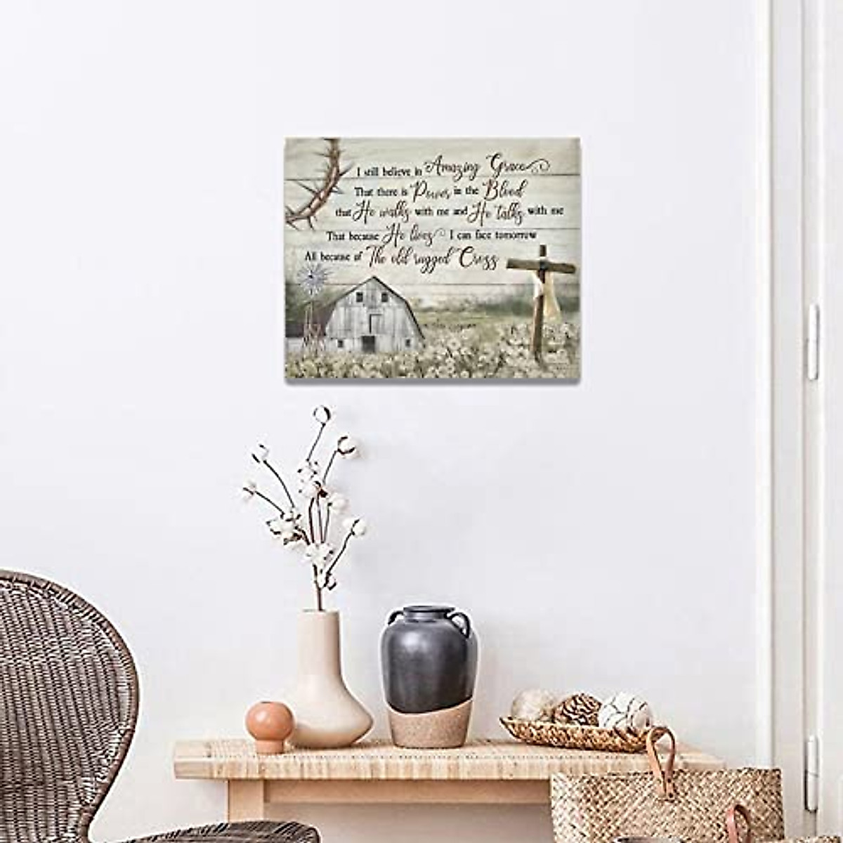 Christian Wall Decor Cross Old Barn Windmill Bathroom Pictures Canvas Print Amazing Grace Home Decorations For Living Room Kitchen Bathroom Bedroom Framed 20"x16"