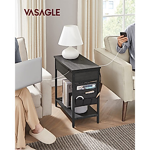 VASAGLE Side Table with Storage, End Table with USB Ports and Outlets, Nightstand with Charging Station, Fabric Bags, for Living Room, Bedroom, Ebonized Oak Finish and Black ULET310B42