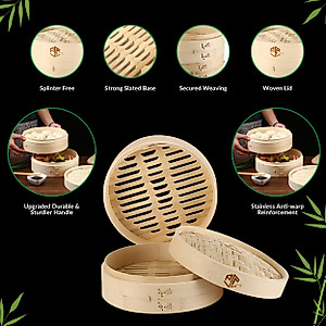 PSC GOODS Bamboo Steamer Basket | 2-Tier Handmade Basket Dumpling Steamer Basket-Traditional Design Steamer Basket for Cooking Dumpling Bao Bun, Rice Potsticker Steaming Chinese Asian Food & Vegetables