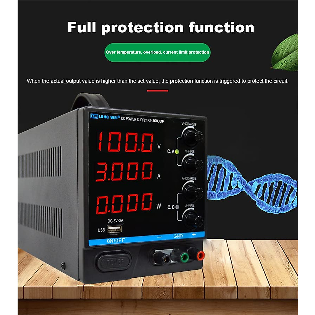 Lwlongwei Lab DC Power Supply Variable, 100V 3A Adjustable Switching Regulated DC Bench Linear Power Supply with 4-Digits LED Power Display, Coarse and Fine Adjustments with Alligator Leads Black