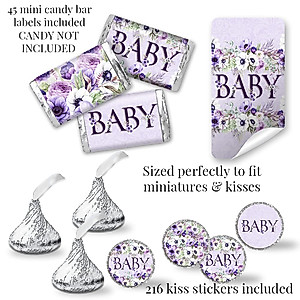 Amanda Creation Watercolor Violet Floral Baby Shower Party Bundle Includes 20 each of Invitations with Envelopes + 4 Different Sizes of Decorative Stickers, Diaper Tickets & Bring a Book Cards