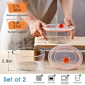 NUTRIUPS Round Glass Storage Containers with Lids Set of 2 Glass Meal Prep Containers 30oz Glass Lunch Containers with Lids, BXH001