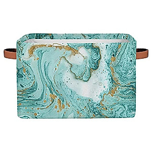 Teal Marble Storage Basket Bins, Turquoise Marble Texture Large Foldable Storage Baskets Fabric Organizer Storage Cubes Box with Handles Collapsible Basket for Shelf Closet Nursery Home Office 1 Pack