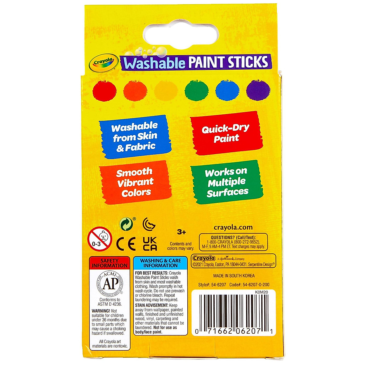 Washable Paint Sticks, No Water Required, Paint Set for Kids, Art Supplies, 6 Count