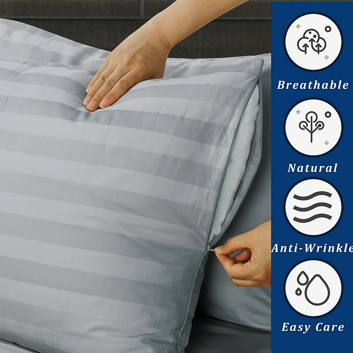 Pillow Cases Standard Size, 100% Egyptian Cotton Pillow Protectors with Zipper, 400 Thread Count Sateen Weave Grey Pillowcases Standard Size Set of 2, Premium Quality Pillow Covers for Home/Hotel