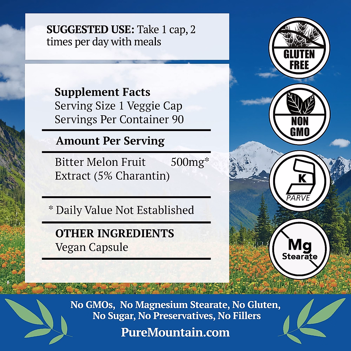 Pure Mountain Botanicals Bitter Melon Capsules - Kosher Vegan Caps with 500mg Bitter Melon Extract Supplement