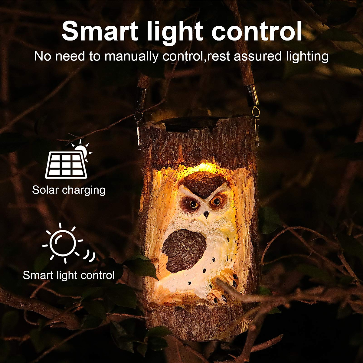 KZOBYD Solar Hanging Lanterns Outdoor Waterproof Owl Stump Lamp with Handle LED Owl Statue Light Lawn Figurine Solar Powered for Patio Courtyard Yard Garden Porch Tabletop Decor (Brown Wing)