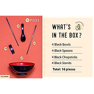 VALLENWOOD 4 set, 16 pieces. Ramen Bowl Set, Asian Japanese soup with Spoons Chopsticks and Stands, Restaurant Quality Melamine, Large 37 oz for Noodles, Pho, Noodle, Udon, Thai, Chinese dinnerware.