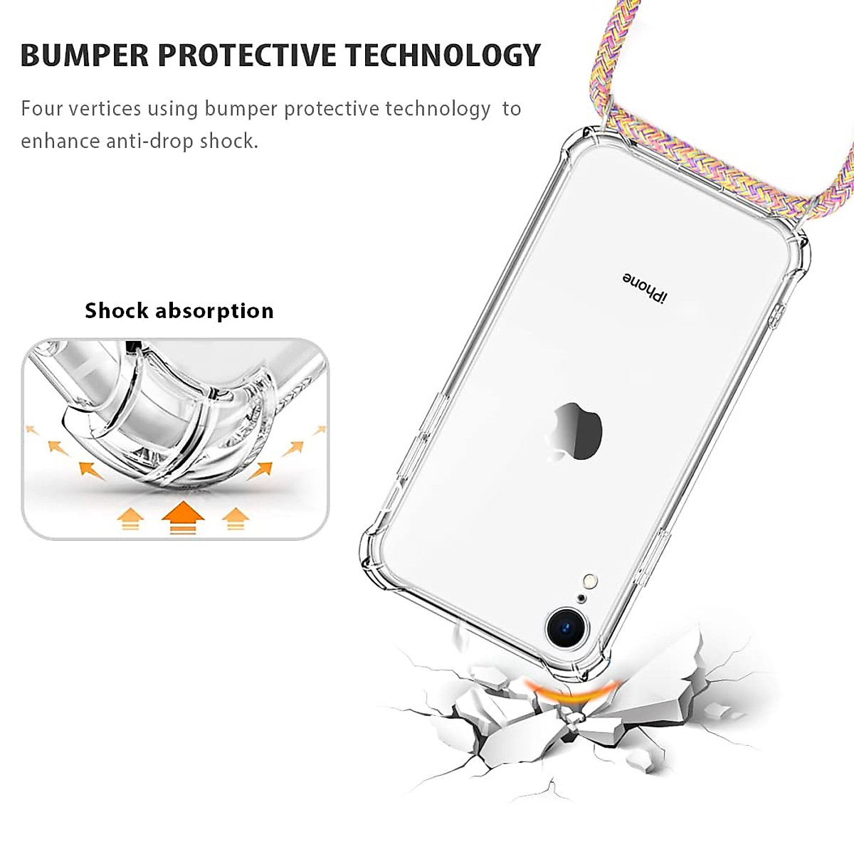 YESPURE for iPhone XR Case Clear Neck Hanging Adjustable Shoulder Lanyard Crossbody Phone Cover Women Girls Soft TPU Slim Protective Strap Mobile Case for iPhone XR - Rainbow