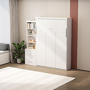 Oudiec Mordern Full Size Vertical Murphy Bed with Drawers&Shelf,Muti Functional Cabinet Bed&Wood Hidden Bed w Gas Struts,or Bedroom, Office, Guestroom, Space Saving Design, White