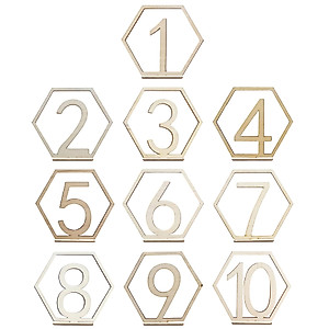 HEVSTIL 10pcs 1-10 Wooden Table Numbers, Wedding Table Numbers with Holder Base Wooden Table Numbers Hexagon Shape Table Numbers for Wedding Reception and Decoration