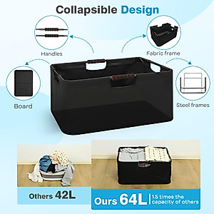 Large Collapsible Laundry Basket with Lumbar Support Foam Handles, 64L Foldable Laundry Hamper, Portable Storage Bin for Family, Travel, College Dorm, Car Trunk, Easy Storage and Carring, Black