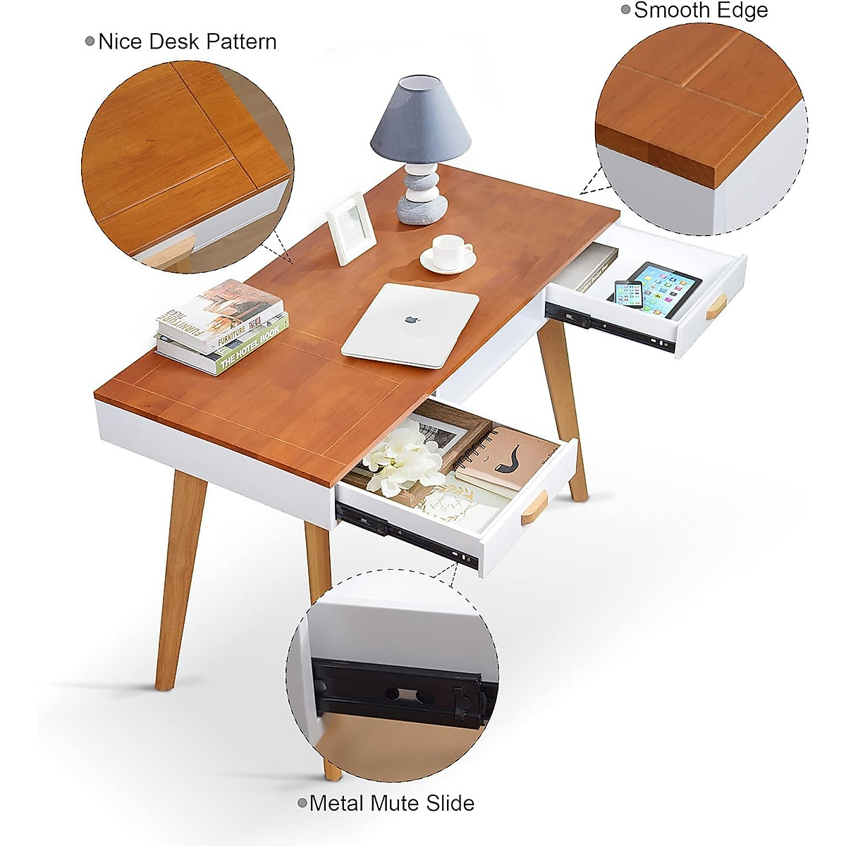 Brefhome Solid Wood Office Desk with 2 Drawers and Opening Storage Cube, Modern Standing Home Computer Desk for Women, 42.5 Inch Sturdy Writing Desk for Small Work Space, Bedroom