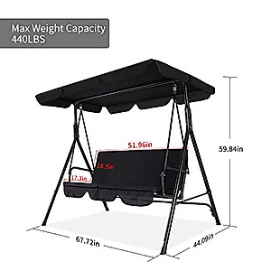 3-Seat Patio Swing Chair,Outdoor Porch Swing with Adjustable Canopy and Durable Steel Frame for Patio, Garden, Poolside (Black)