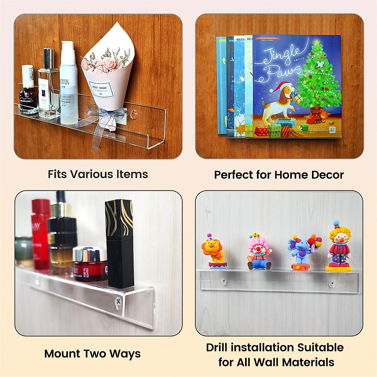 FOGOBO Vinyl Record Shelf Wall Mount, 6 Pack 12’’ Clear Acrylic Album Record Holder Display, Kids Bookshelf, Floating Wall Shelves for Bathroom, Bedroom, Living Room, Kitchen,Office