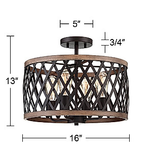 Franklin Iron Works Trey Farmhouse Rustic Close to Ceiling Light Semi Flush Mount Fixture 16" Wide 4-Light Bronze Woodgrain Drum Shade for Bedroom Hallway Living Room Dining Room Bathroom Kitchen