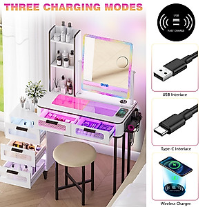 MDGC RGB Make Up Vanity with Wireless Charging Station,7 Dynamic&7 Static Dimmable Vanity Desk with Swivel Mirror and Lights,Makeup Vanity Table with Stool,5 Drawers,Glass Top,Open Shelf