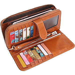 HESHE Wallet Purse for Women Leather Wristlet Wallet Zipper Credit Card Holder Rfid Wallet with Phone Pocket (Camel-E)