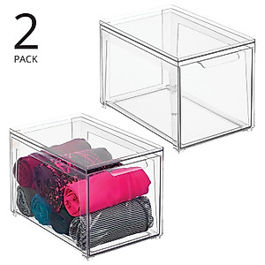 mDesign Plastic Stackable Closet Storage Organizer Bins with Pull Out Drawer for Cabinet, Desk, Shelf, Cupboard, or Dresser Organization - Lumiere Collection - 2 Pack - Clear