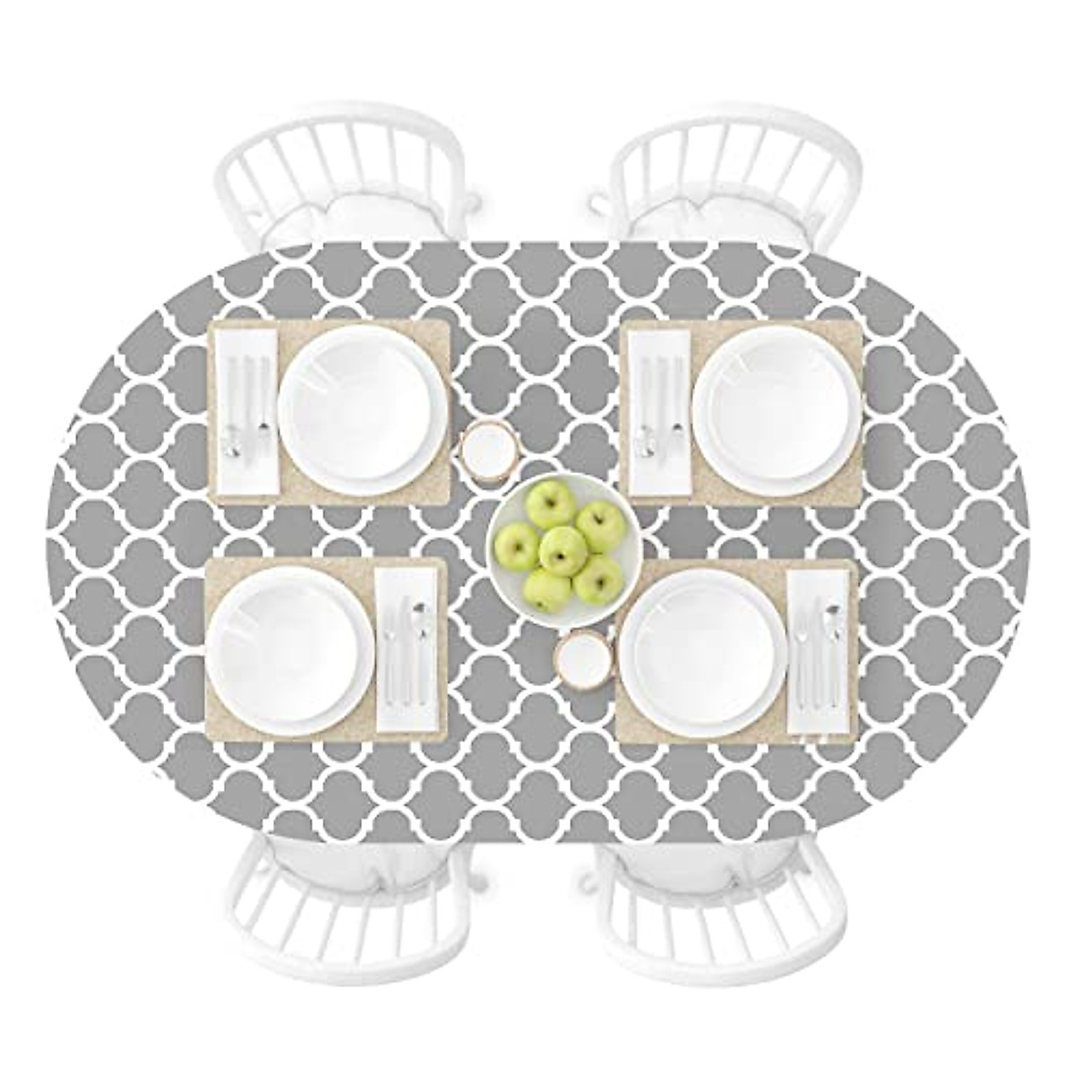 UMINEUX Oval Fitted Vinyl Tablecloth with Elastic Edged & Flannel Backing, Waterproof Wipeable Oval Table Cover - Fits Tables up to 42"X68" (Gray Moroccan)