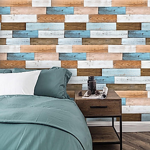 YAMANGU Wood Peel and Stick Wallpaper,Shiplap Wallpaper Blue Distressed, Wall Paper for Living Room, Bedroom, Cabinets, Home Decoration, Brown White Grey Colorful Wood Grain Contact Paper