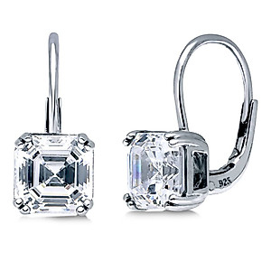 BERRICLE Sterling Silver Solitaire 4 Carat Asscher Cut Cubic Zirconia CZ Anniversary Leverback Dangle Drop Earrings for Women, Rhodium Plated