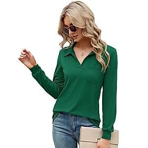 Women's Long Sleeve Polo Shirts V Neck Collared Work Tops Business Casual Tunic Blouse Pocket Green M