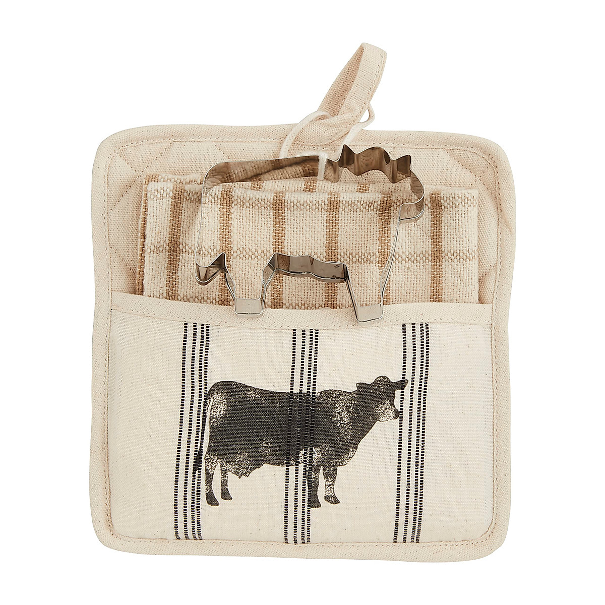 Mud Pie Farm Pot Holder & Towel Set, Cow, 8" x 8"