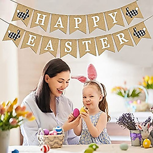 Happy Easter Burlap Banner with Buffalo Plaid Bunny - NO DIY - Rustic Farmhouse Easter Decorations - Easter Bunny Bunting Garland for Mantel Fireplace - Spring Easter Party Decoration
