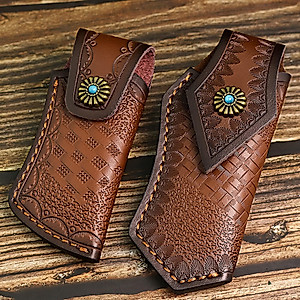 Xeerrfan 3.93" Genuine Leather Sheath for Belt, Portable Folding Pocket Knife Case, Knife Holder Pouch Holster for Men with Buckle (Red-Brown, Small)