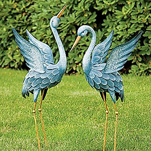 Bits and Pieces - Japanese Blue Heron Metal Garden Sculpture Set - Two Metal Cranes Perfect for Garden Décor - Metal Garden Art, Outdoor Lawn and Patio Décor, Backyard Sculpture, and Decoration