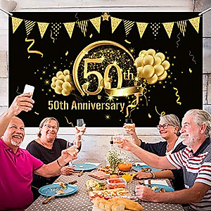 50th Anniversary Decorations, Extra Large Fabric Black Gold Sign Poster for 50th Anniversary Backdrop Photo Booth Background Banner 50th Birthday Party Supplies