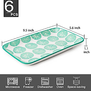 KitchenTour Rectangular Serving Platter, 9.5 inch Appetizer Plates Ceramic Dinner Plates Serving Trays Set of 6 for Salad, Sushi, Fruit, Microwave and Dishwasher Safe