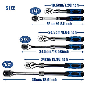 TR TOOLROCK 3 Piece Extendable Ratchet Set, 1/4”, 3/8”, 1/2” Drive, 72-Tooth Ratchet Wrench, Quick-release Reversible Drive Socket Wrench, Heavy Duty CR-V Ratchet Set