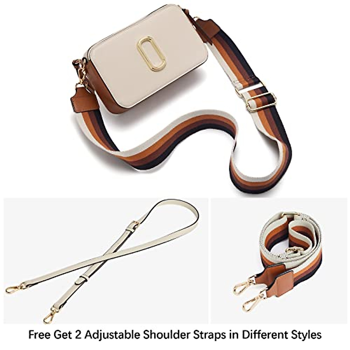 BOSTANTEN Crossbody Bags for Women Leather Snapshot Phone Purses Shoulder Handbags with 2 Adjustable Wide Strap Beige White