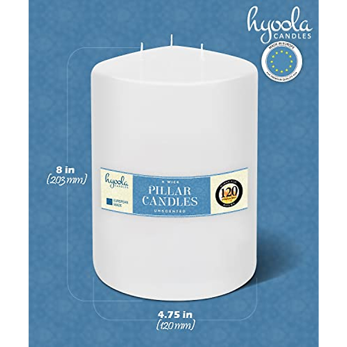 HYOOLA White Three Wick Large Candle - 4.75 x 8 Inch - Unscented Big Pillar Candles - 120 Hour - European Made