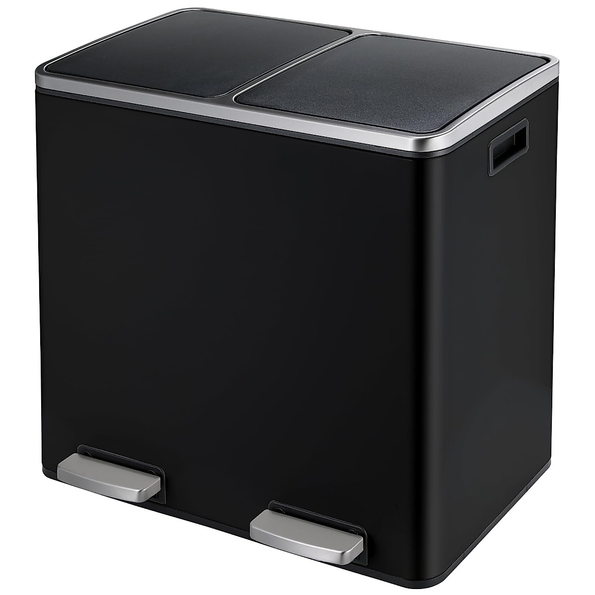 Arlopu 12 GallonStainless Steel Trash Can, 48L Dual Compartment, Metal Kitchen Step Recycle Bin, Metal Double Dustbin, in-Home Garbage Rubbish Can W/Removable Liner Buckets (Black)