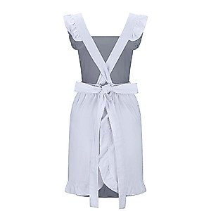 Hyzrz Cute Retro Adjustable Ruffle Aprons with Pockets for Women Girls Vintage Cross Back Pinafore Dress Maid Costume Apron Small to Plus Size (Adjustable, White)