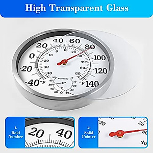 Outdoor Thermometer Large Numbers - 12Inch Outdoor Thermometers for Patio Waterproof, Wall Mounted Thermometer Hanging Thermometer Hygrometer with Stainless Steel Enclosure, No Battery Required