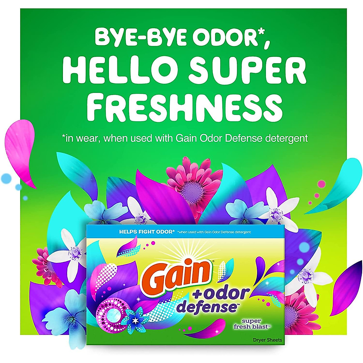 Gain + Odor Defense Dryer Sheets, Super Fresh Blast Scent Fabric Softener Sheets, 240 ct