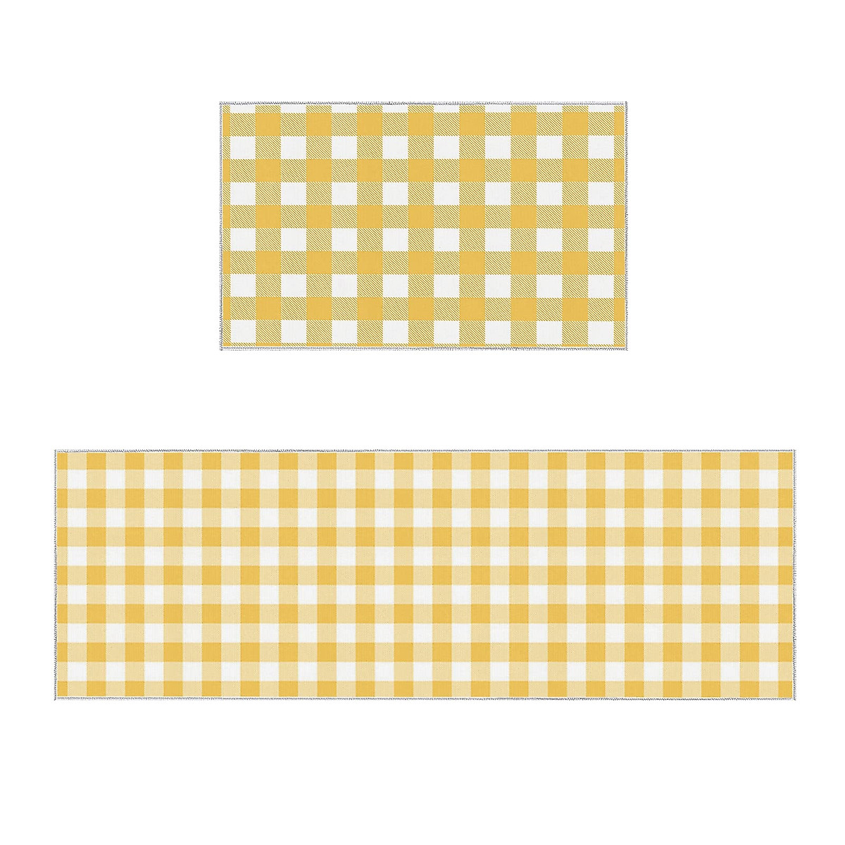 Kitchen Runner Rug, Country Style Yellow and White Buffalo Check Plaid Checkered Non Slip Runner Carpet Door Mats Floor Mat for Bedroom Bedside Laundry Bathroom Set of 2