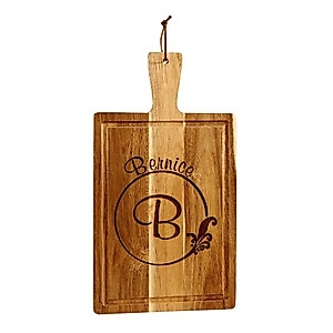 Creative Gifts International Acacia Wood Carving Board, Charcuterie Board With Handle And Lanyard, Beveled Edge, 17" x 9.75", Cutting Board Wedding Gift, Custom Monogram