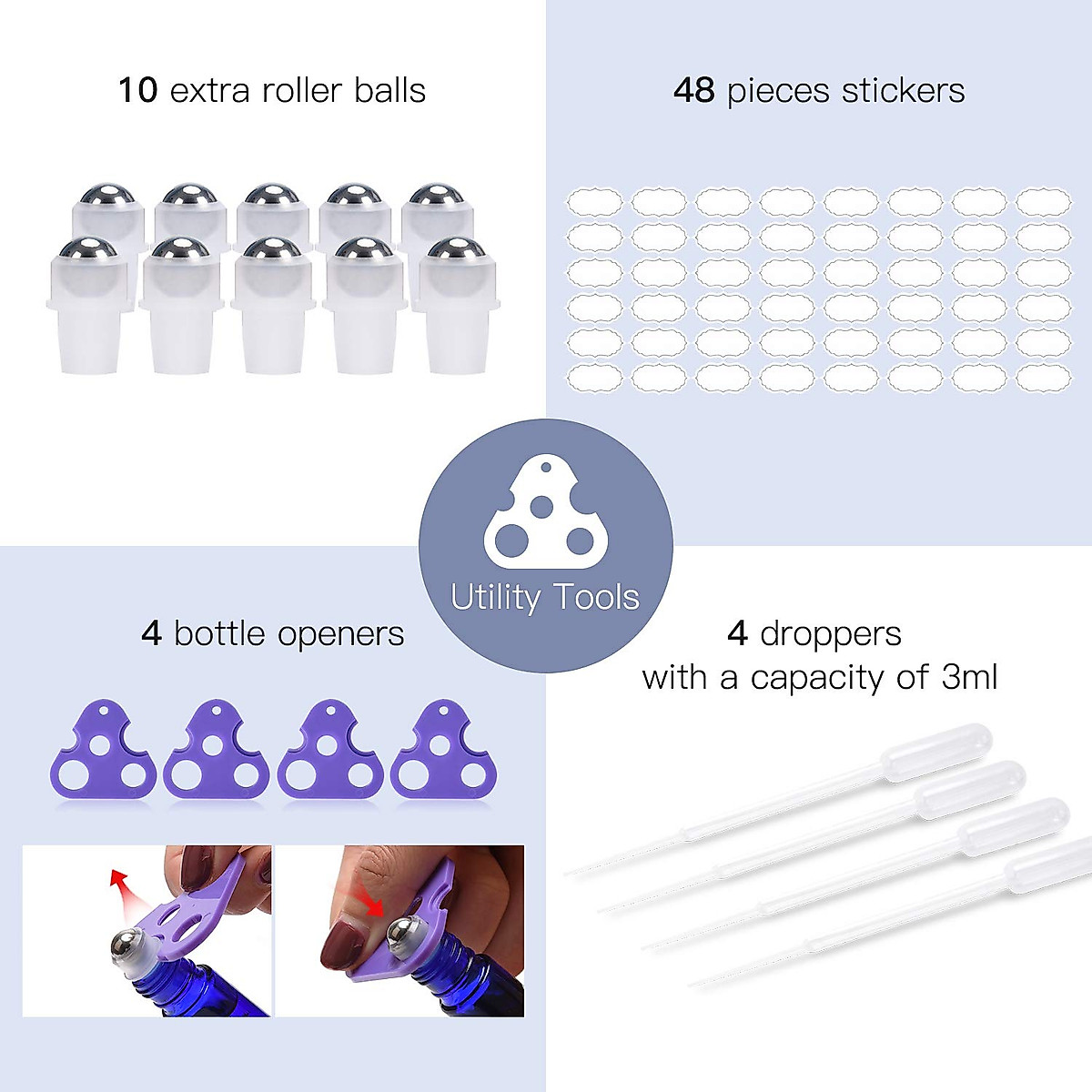 ULG Essential Oil Roller Bottles 48 Pack 10ml Cobalt Blue Glass Empty Bottles with Stainless Steel Roller Balls (10 Extra Roller Balls, 4 Openers, 4 Droppers, 48 Waterproof Labels)