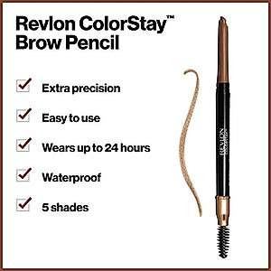 Revlon ColorStay Eyebrow Pencil with Spoolie Brush, Waterproof, Longwearing, Angled Tip Applicator for Perfect Brows, 210 Soft Brown, 0.021 oz