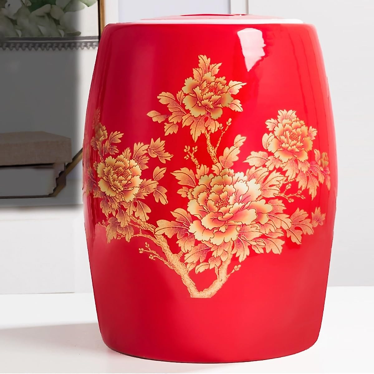 Ceramic Rice Storage Container 5KG/10KG/15KG/25KG Airtight Rice Dispenser with Lid Cereal Containers Large Rice Jar for Rice Noodles Snacks(Red,10KG)