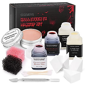 CHASPA Halloween Liquid Latex Special Effects SFX Makeup Kit - Scar Wax + 2 Btl Liquid Latex + 2 Btl Fake Blood + Spatula Tool + 2Pcs Stipple Sponge + 4Pcs Makeup Sponges + Cotton Swabs
