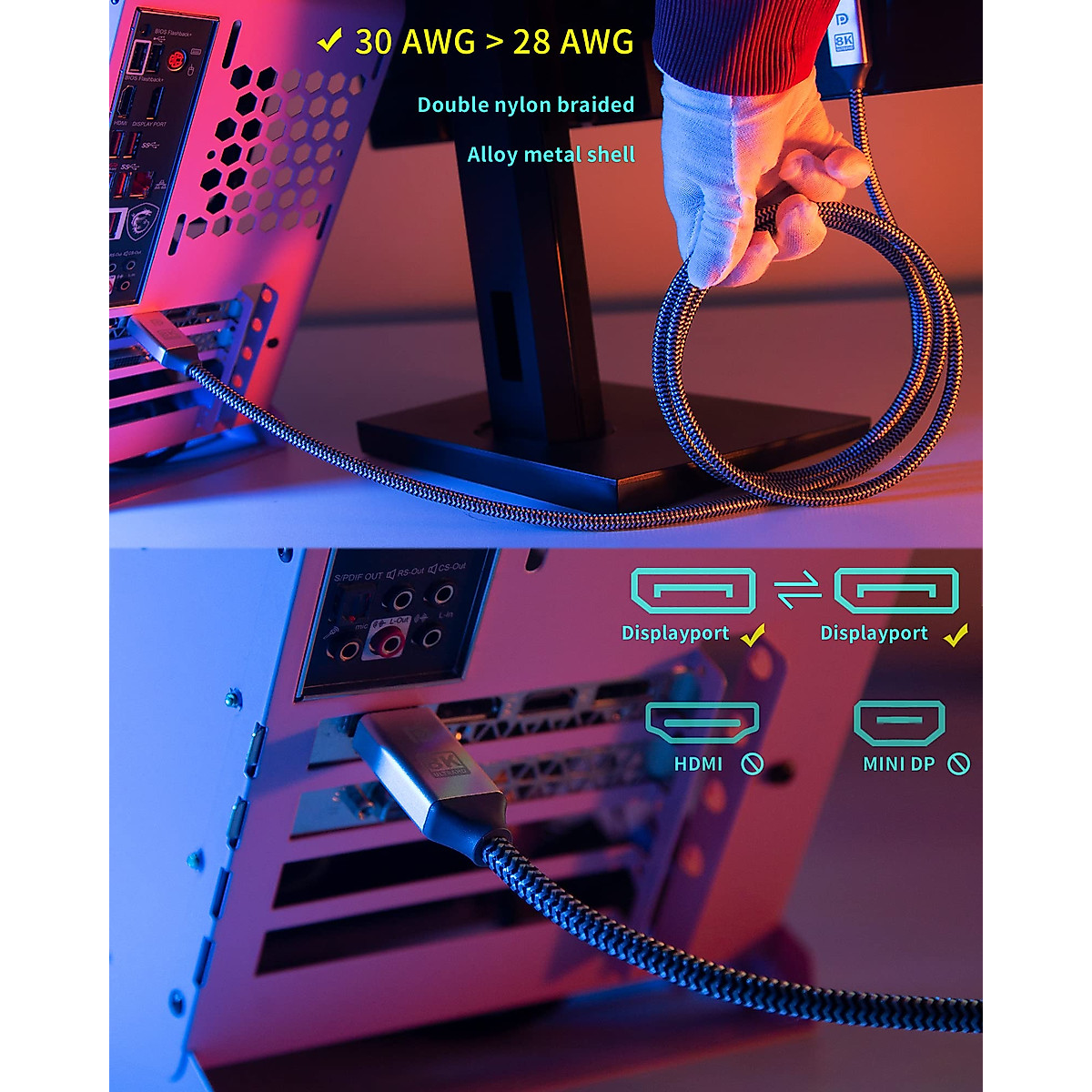 390HZ CUATU 10FT 3M Dp Displayport Cable 1.4 4K 144Hz, 2K 240HZ 280Hz to Display Port Cable 6Ft 8K UHD TV,PC Gaming Monitor VESA E-Sports HDR 10 32.4GB HDCP2.2 FREESYNC G-SYNC Expand (Silvery,10Ft)