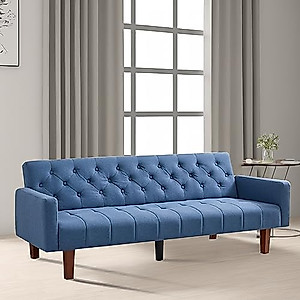 Fangflower Blue Tufted Back Sofa Bed Mid-Century Convertible Sleeper Futon with Tapered Wood Legs for Living Room Apartment Lounge